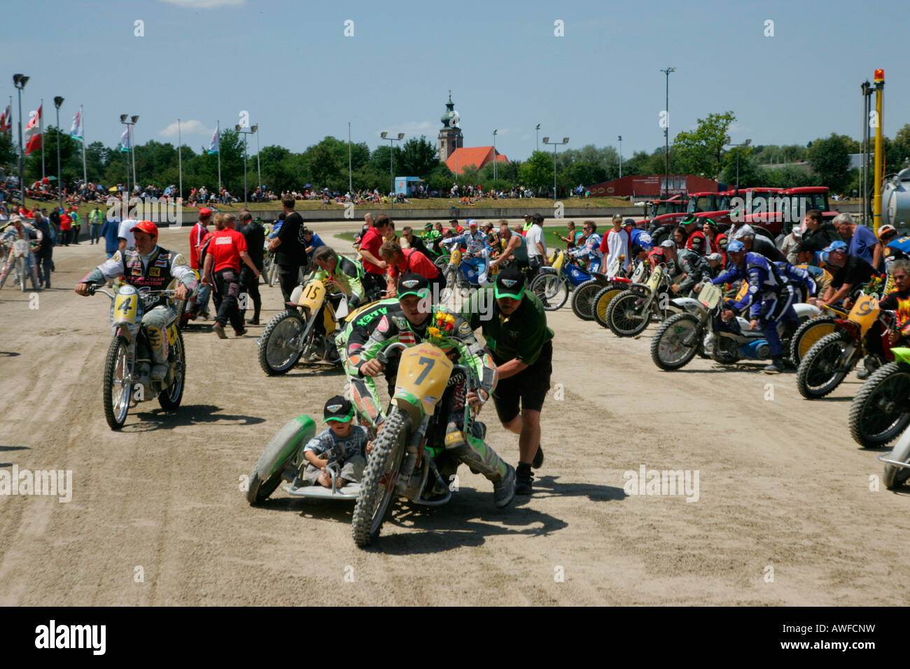 Sidecar motorcycles at the starting line, international motorcycle race ...