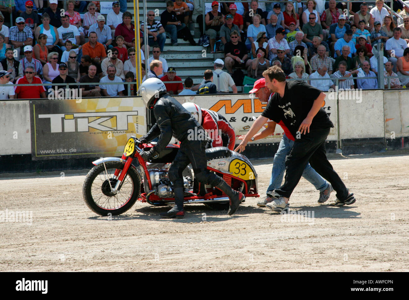 Sidecar motorcycles at the starting line, international motorcycle race ...