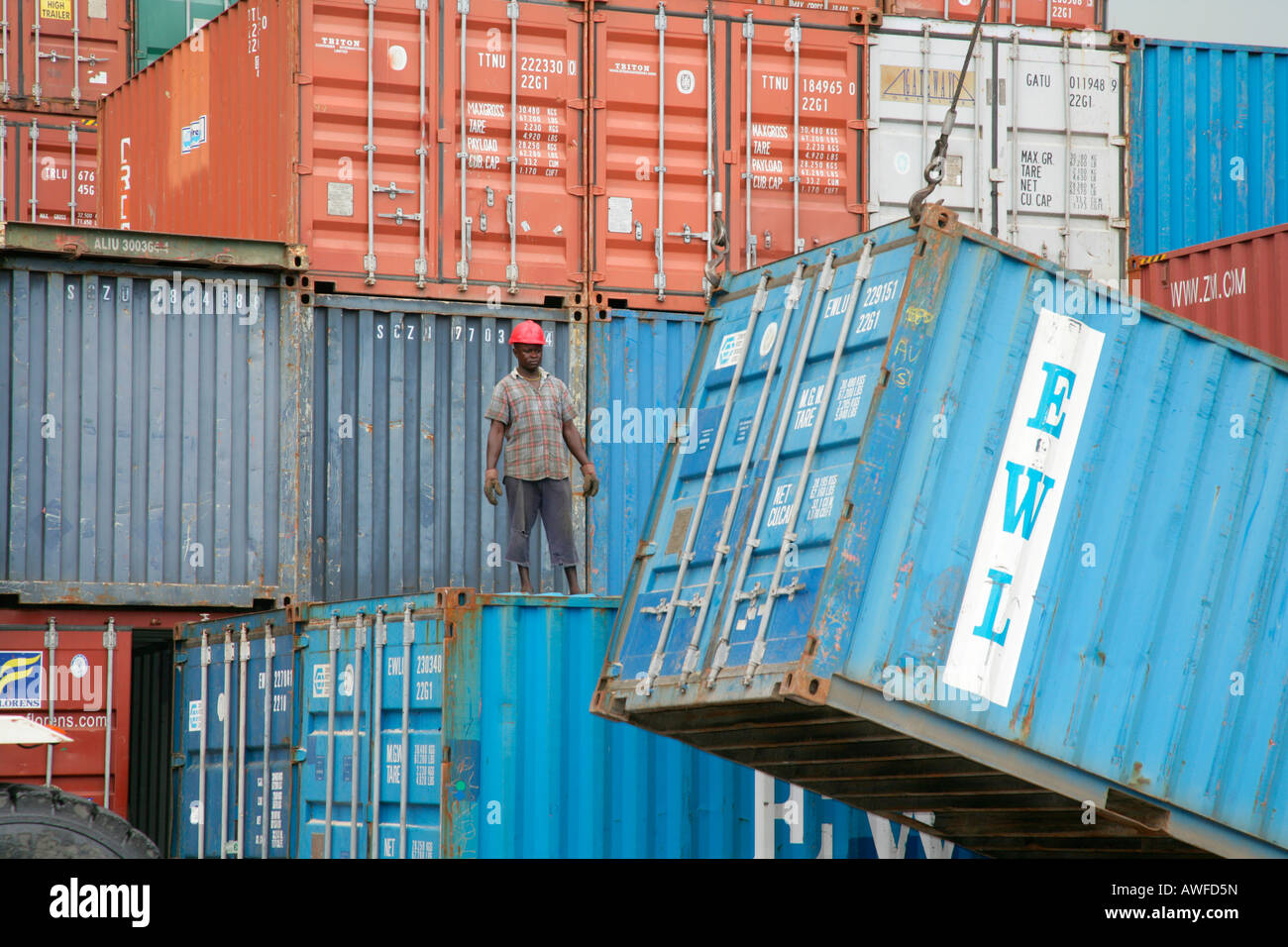 Loading containers at John Fernandes transshipment port in Georgetown ...