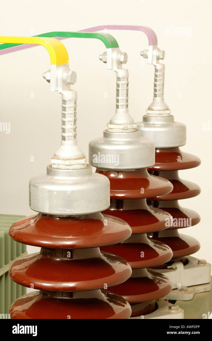 Insulators at an old hydroelectric power station, Isen, Upper Bavaria ...
