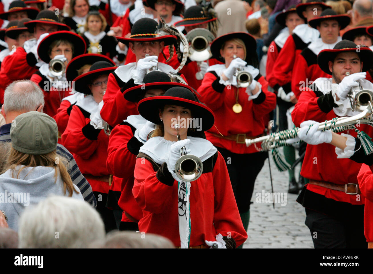 Brass band dressed in traditional garb at an international festival for ...