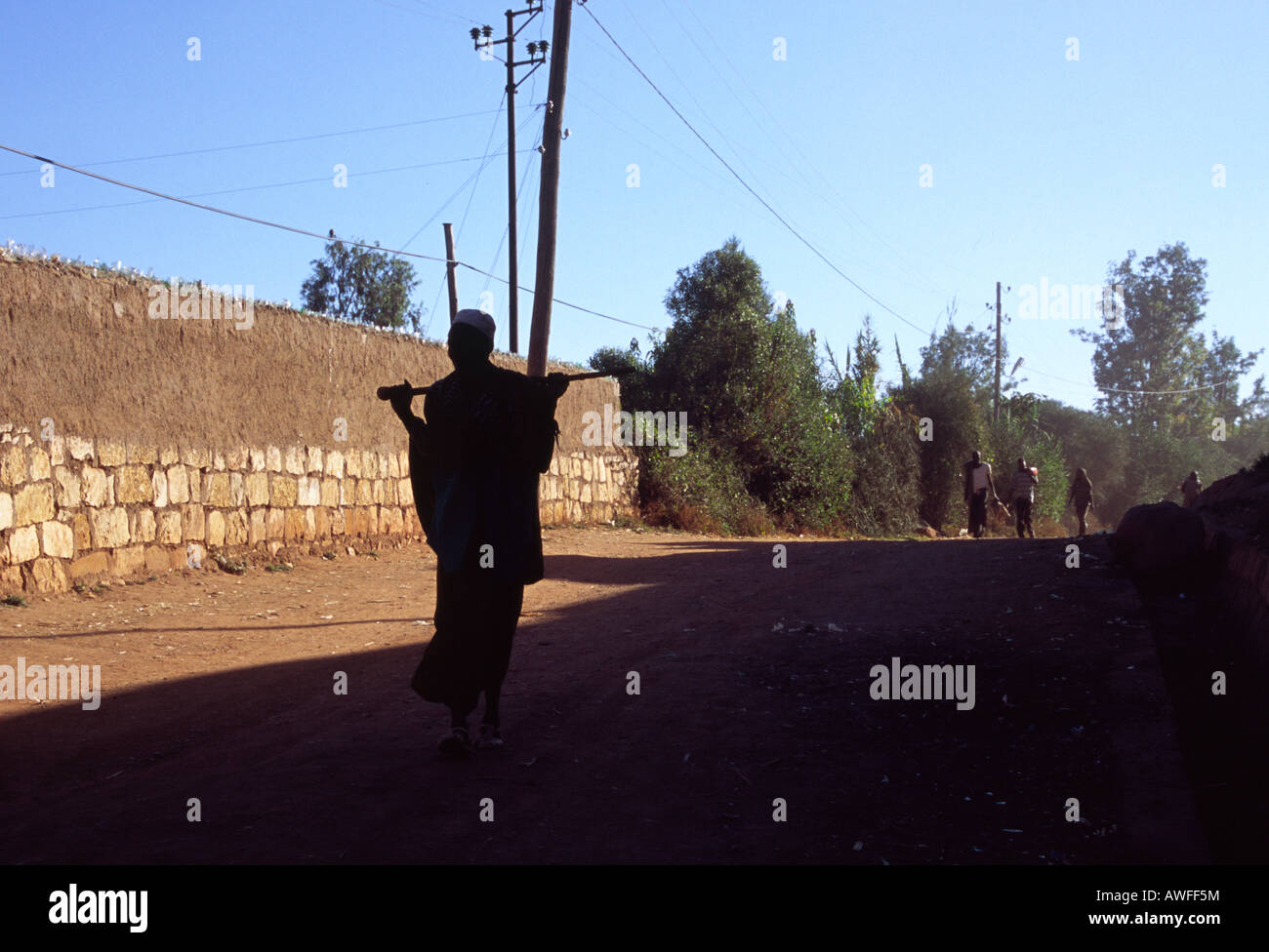Silhouette of man carrying a Dula over his shoulders, Hara, Ethiopia ...