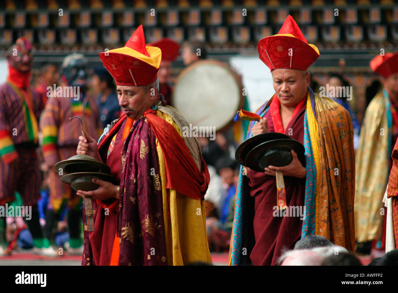 Dancers with the drum at the Thimphu Tsechu (festival), Bhutan Stock ...