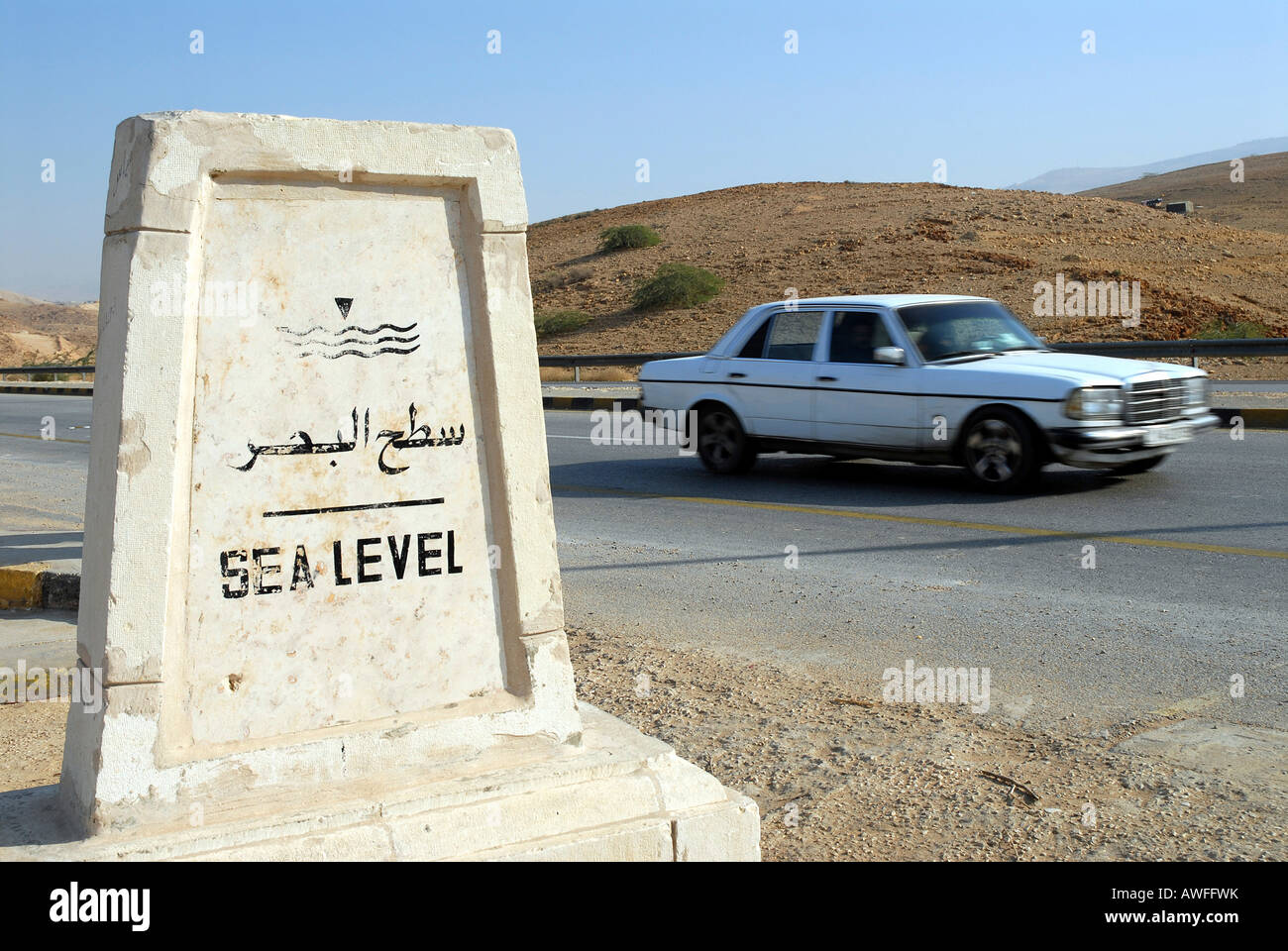 Sign at sea level between Amman and the Dead Sea, Jordan Stock Photo ...
