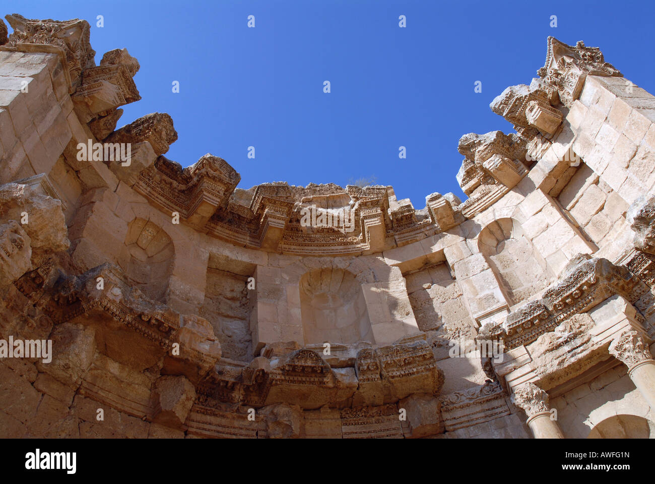 Detail of the nymphaeum (fountain) of Jerash, the ancient Gerasa ...