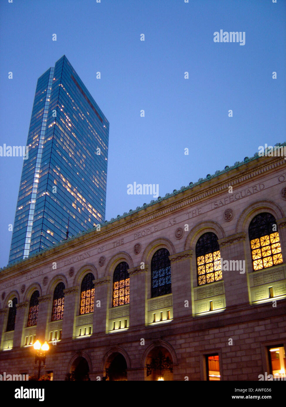 Hancock Tower and Boston Public Library at Dusk in Boston Massachusetts ...