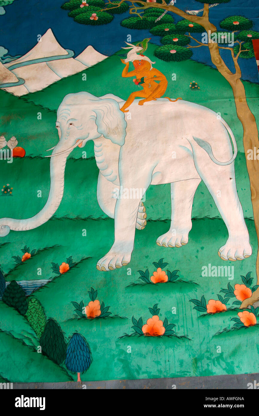 A painting representing of the four friends tale, Bhutan Stock Photo ...