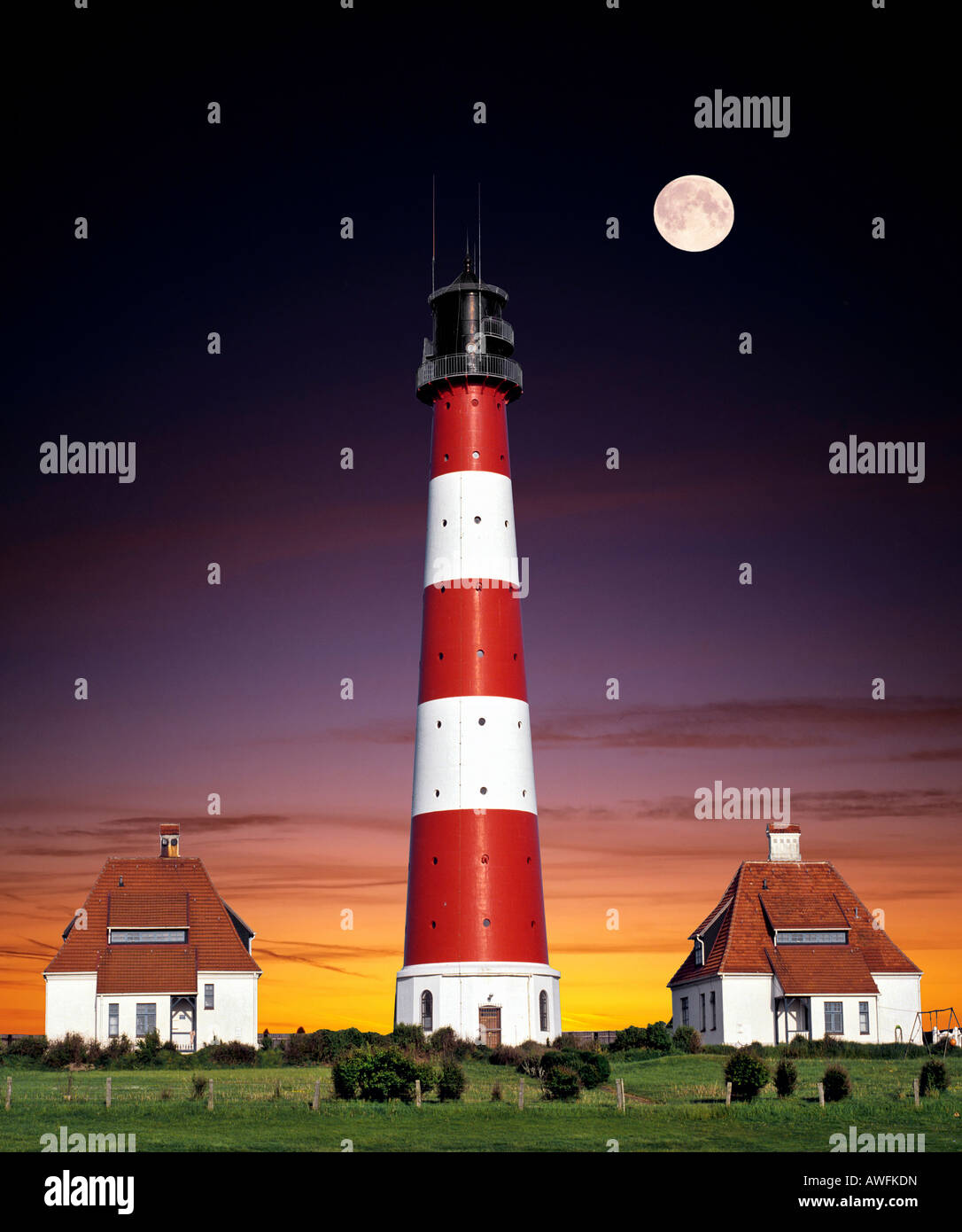 Composing shot: Westerheversand Lighthouse by the full moon ...