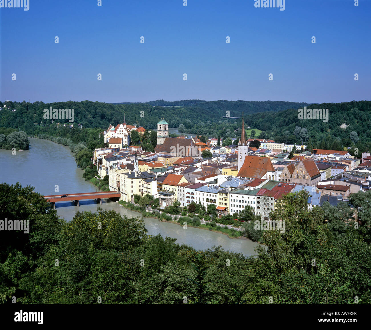 Panoramic view of the historic town centre and red bridge, Wasserburg ...