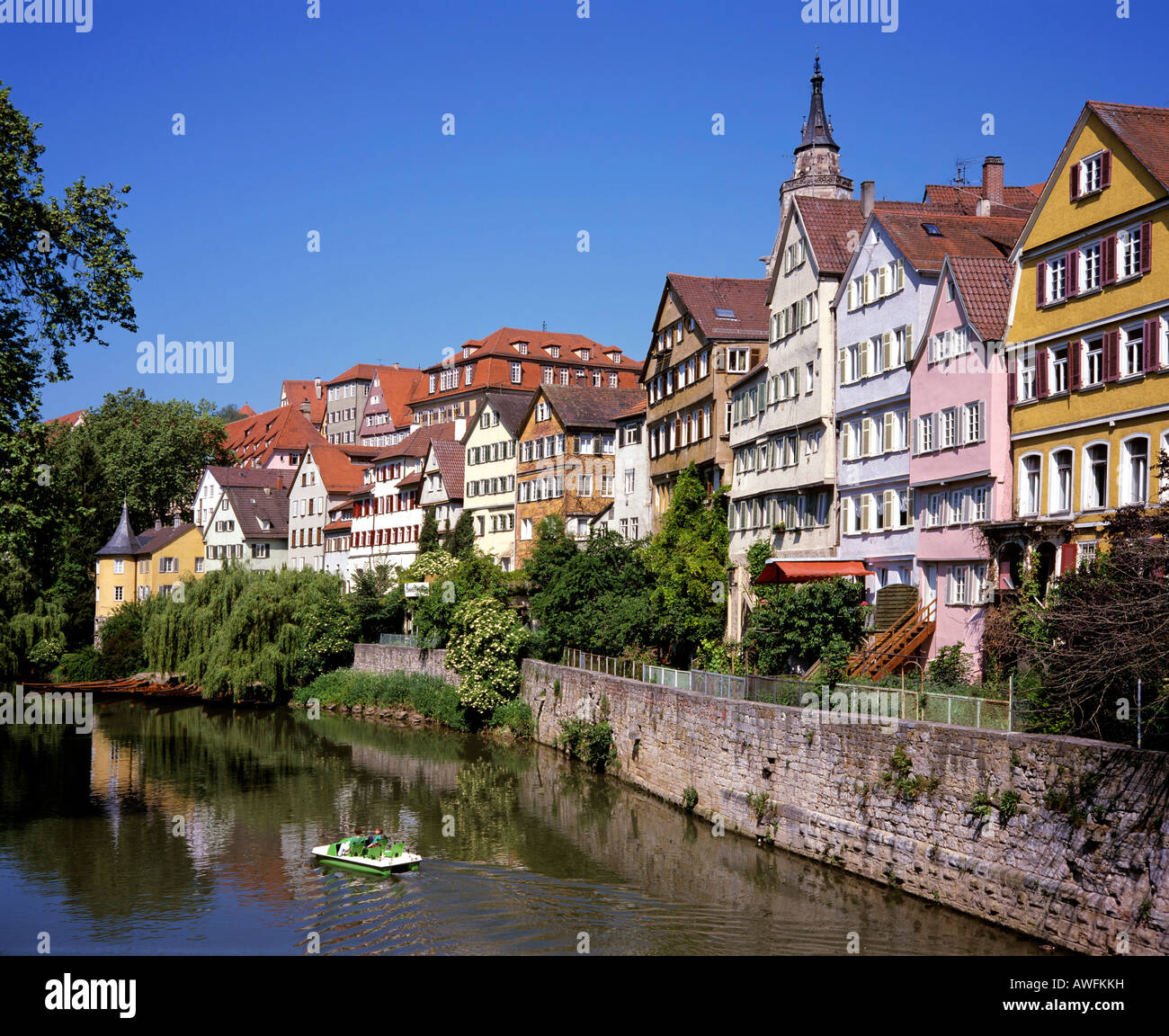 Historic facades along the Neckar River in Tuebingen am Necker, Baden ...