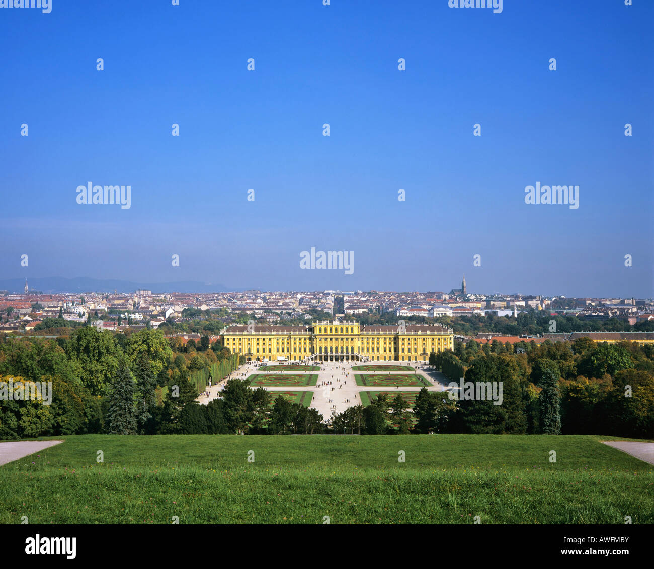 Schloss Schoenbrunn (Schoenbrunn Castle) with panoramic view of Vienna ...