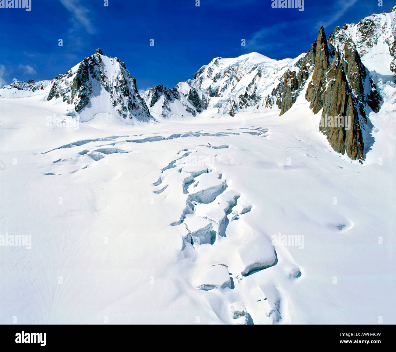 Vallée Blanch, Mont Blanc viewed from the east, glacial crevasses ...