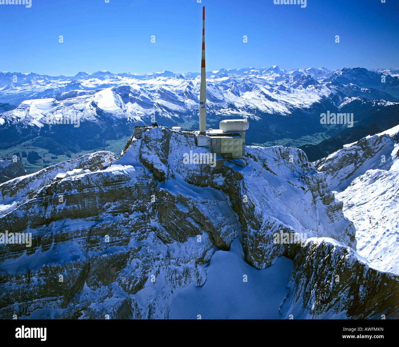 Aerial shot, Saentis, radio tower, Appenzeller Alps, Appenzell ...