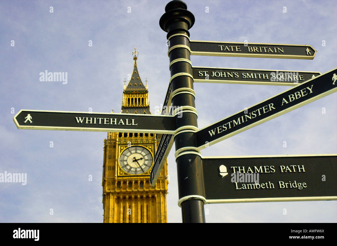 Looking up at the tower of the Palace of Westminster with tourist signs ...