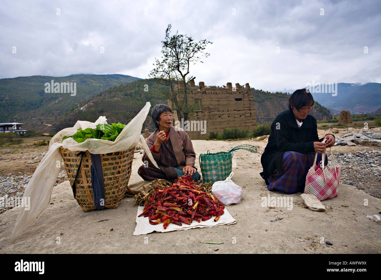 Bhutanese women selling dry peppers (Bondey), Paro, Bhutan Stock Photo ...