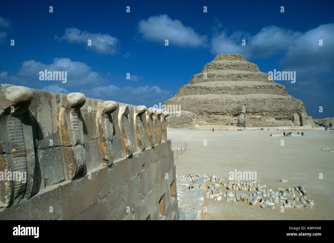 Cobra frieze at Zoser's Pyramid, the oldest surviving pyramid in Egypt ...