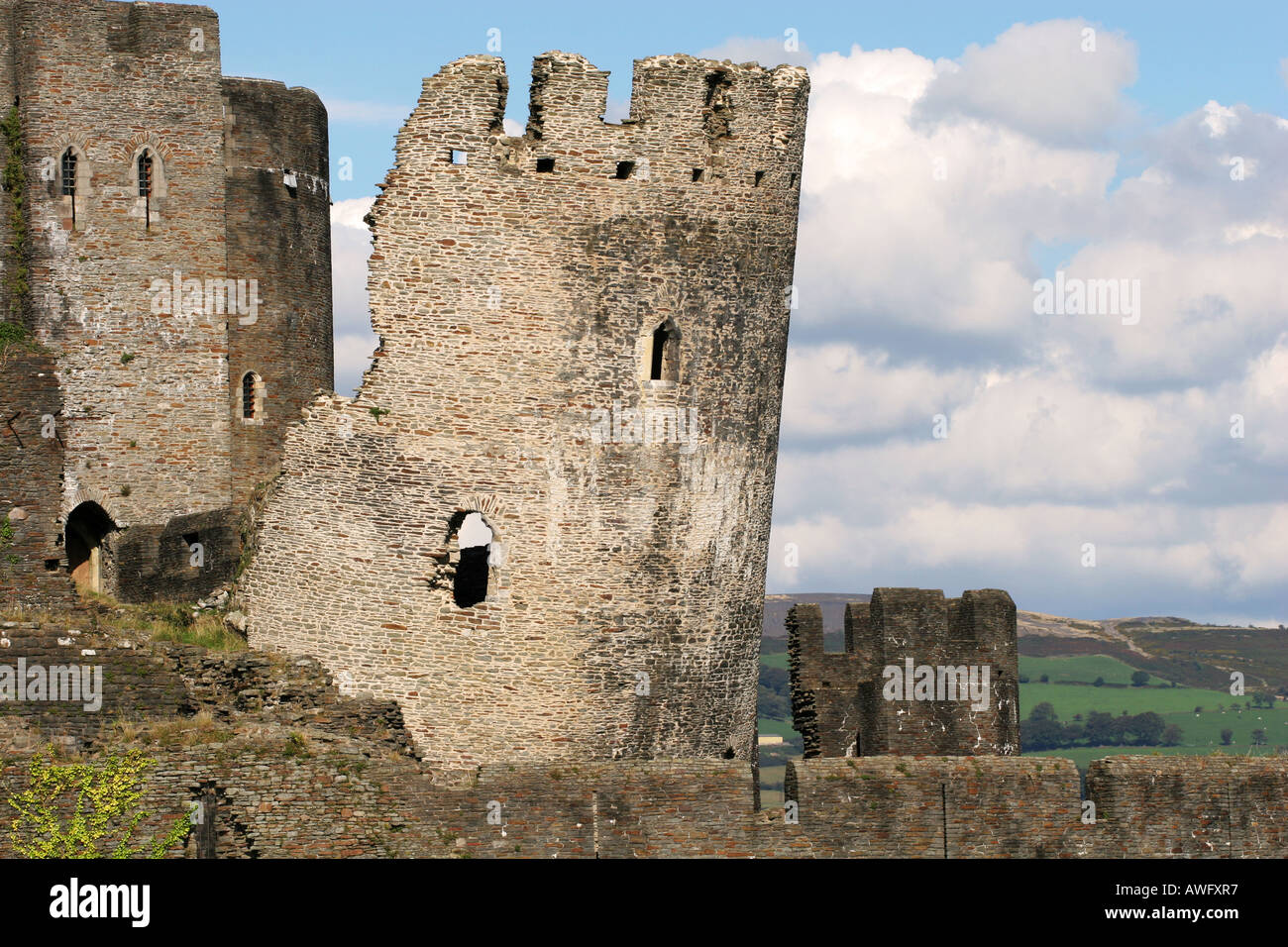 Closeup of the famous Leaning Tower of medieval 13th century Caerphilly ...
