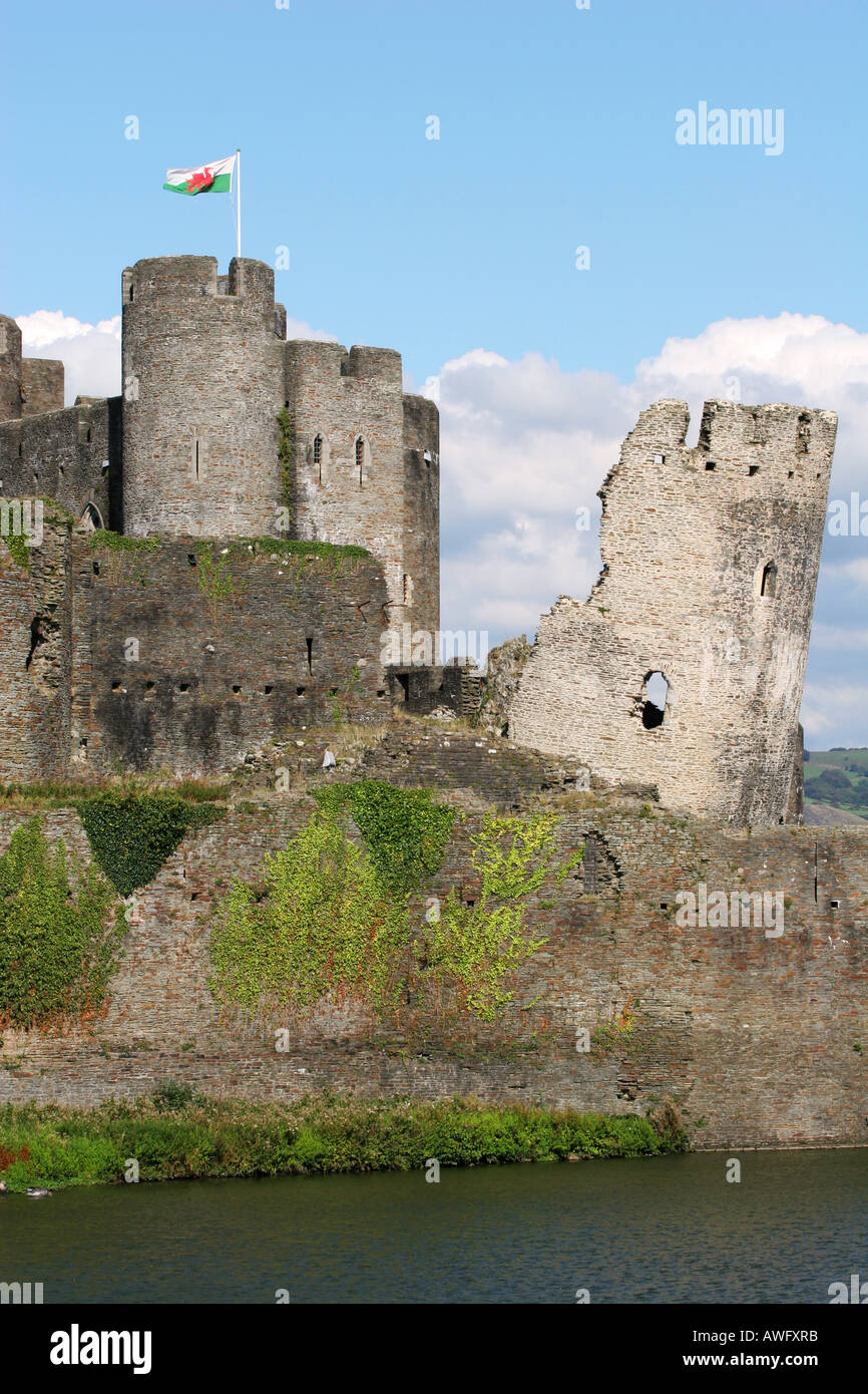 Closeup of the famous Leaning Tower of medieval 13th century Caerphilly ...