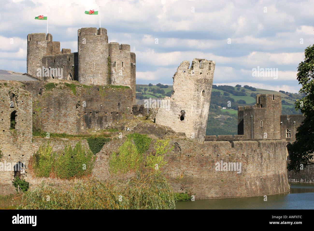 Closeup of the famous Leaning Tower of medieval 13th century Caerphilly ...
