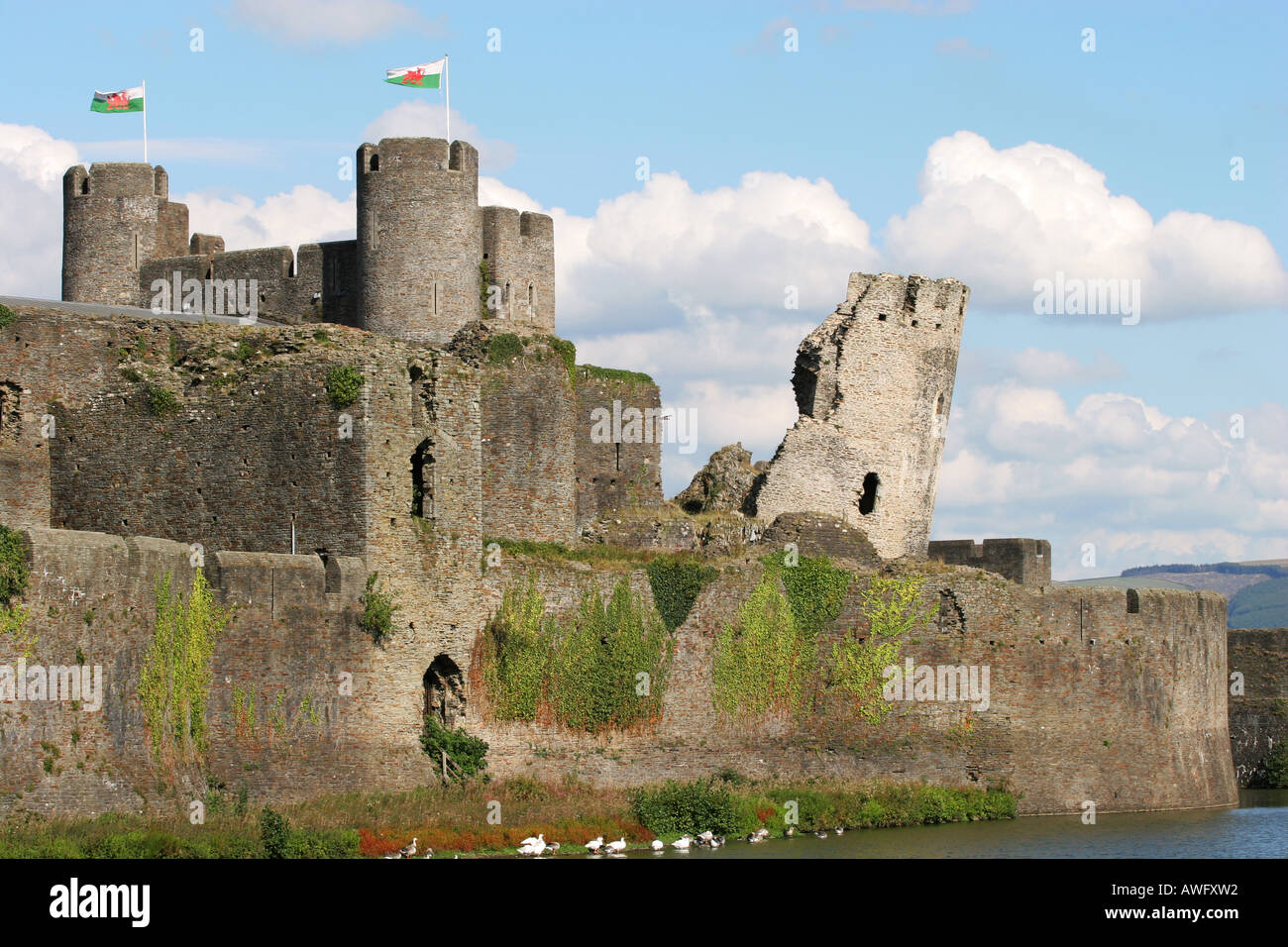 Closeup of the famous Leaning Tower of medieval 13th century Caerphilly ...