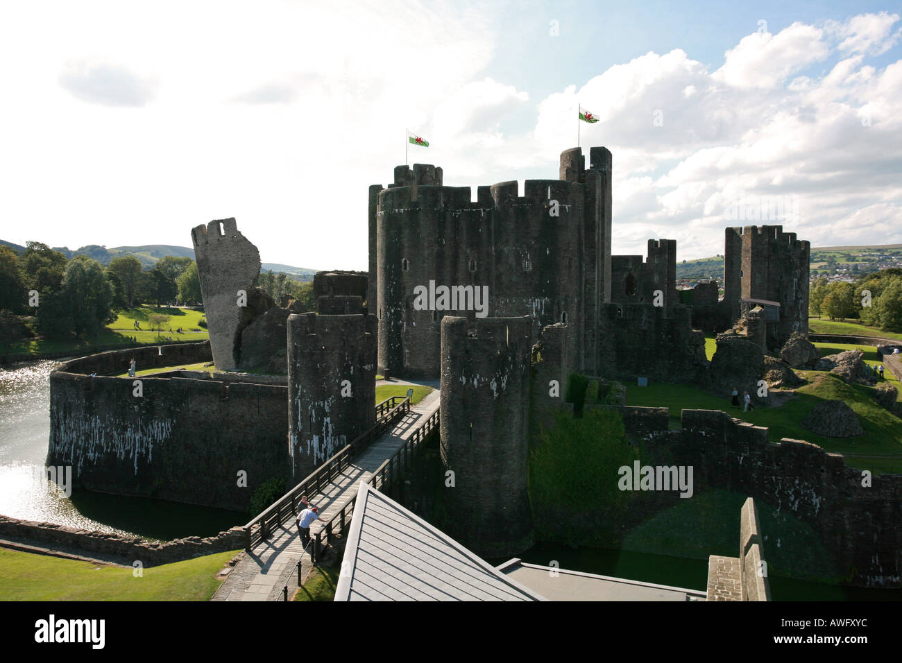 Aerial view of Caerphilly Castle the second largest moated medieval ...