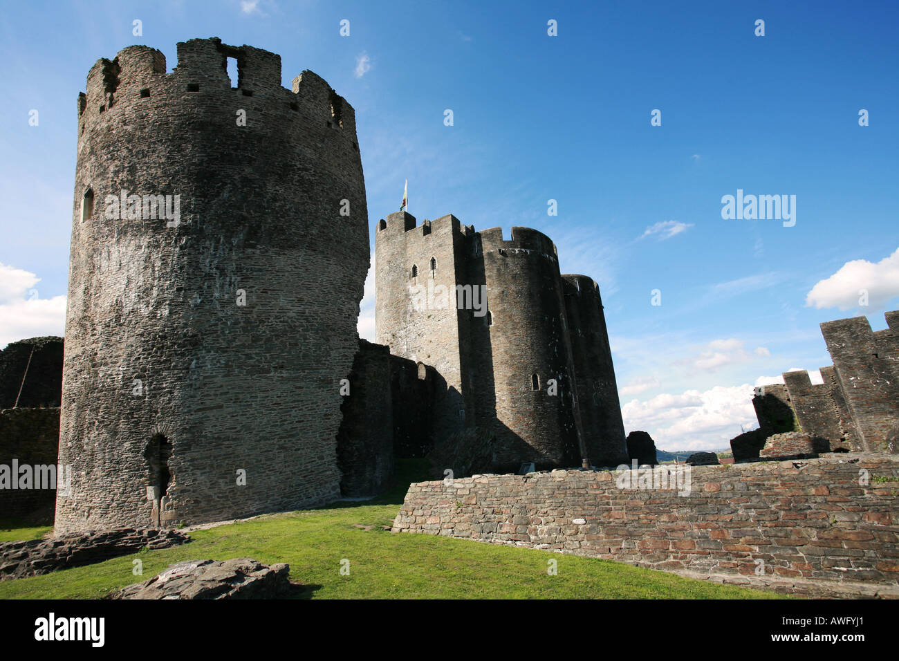 The famous Leaning Tower of medieval 13th century Caerphilly Castle ...