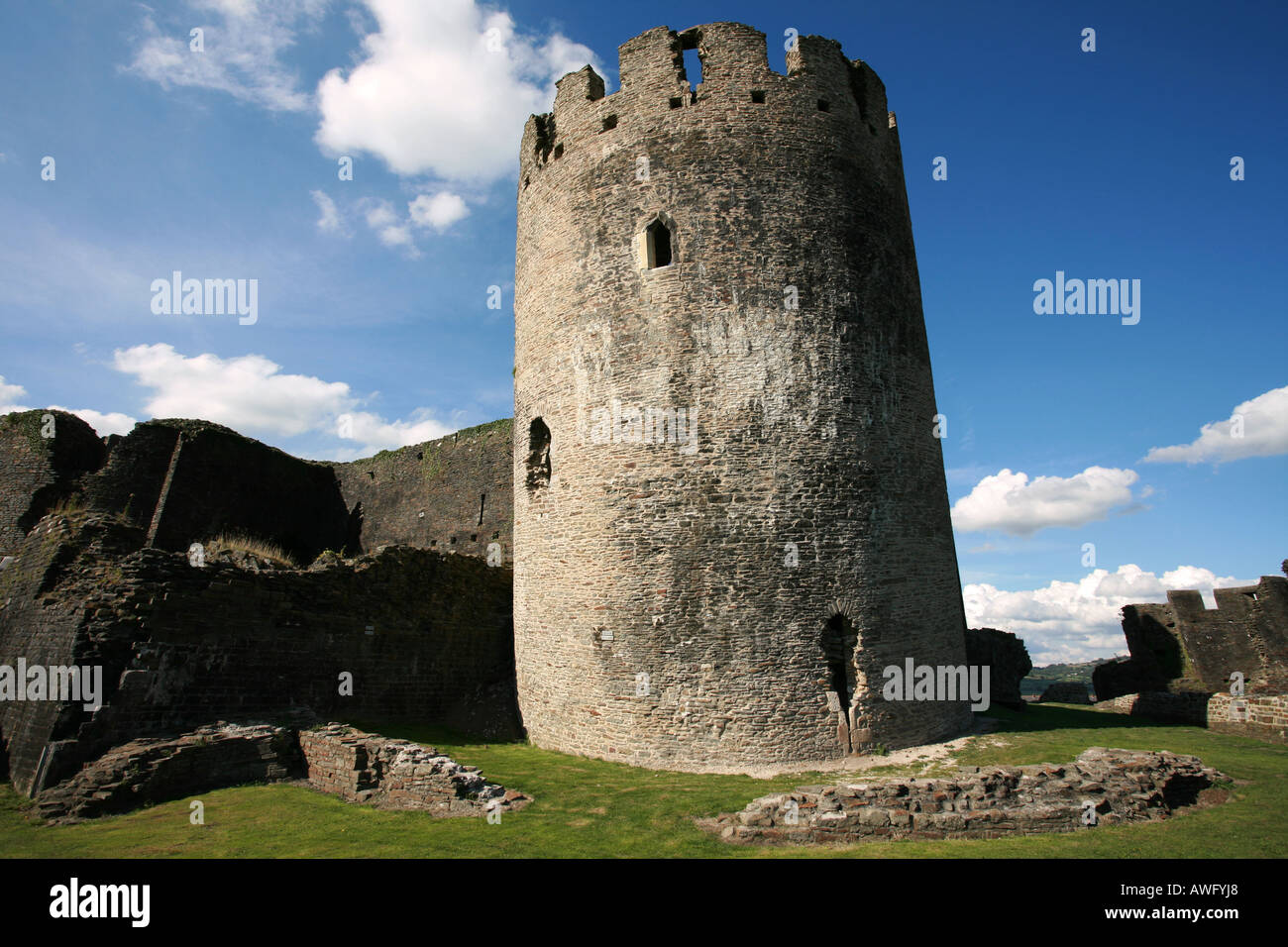 The famous Leaning Tower of medieval 13th century Caerphilly Castle ...