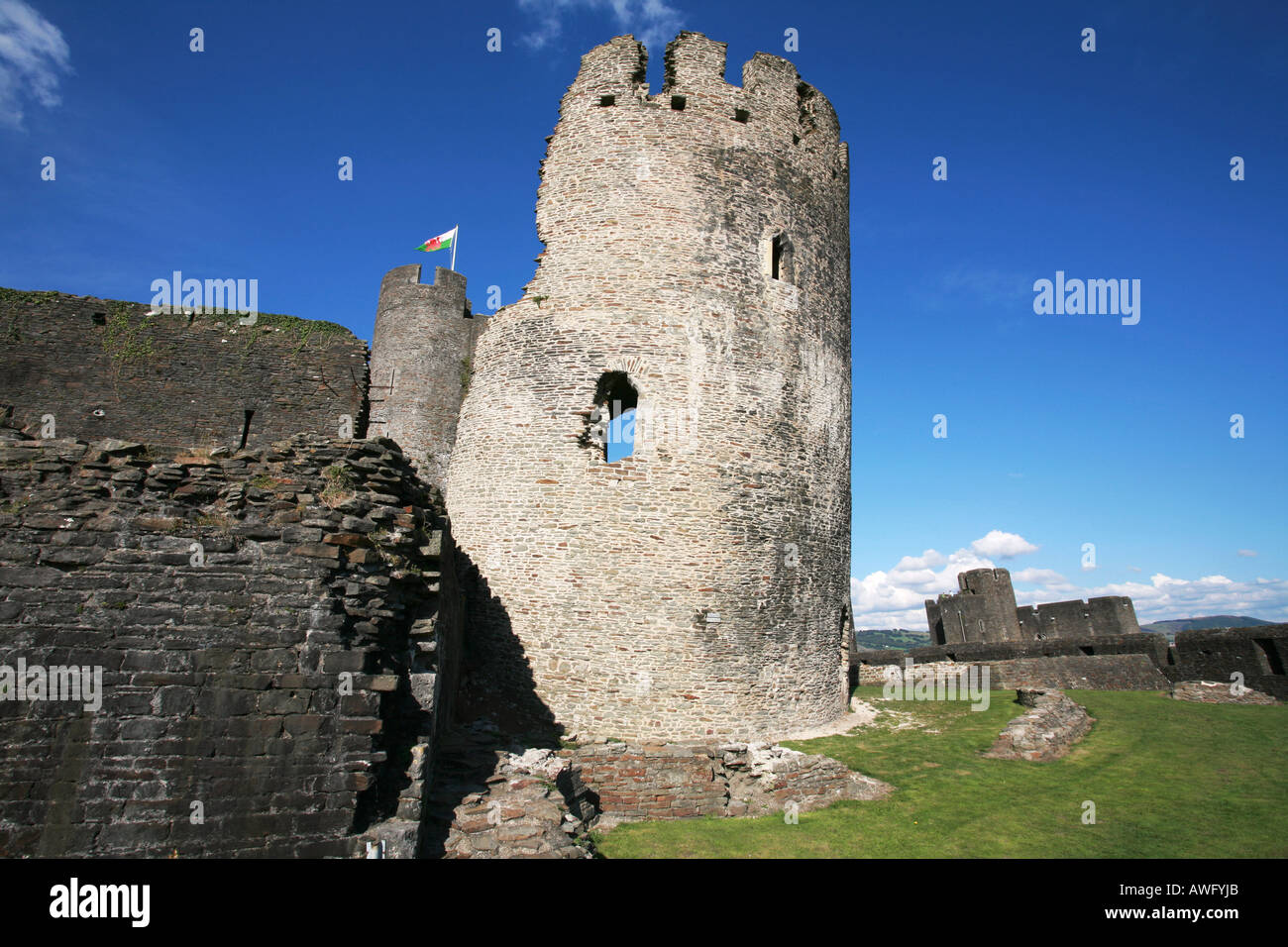 The famous Leaning Tower of medieval 13th century Caerphilly Castle ...