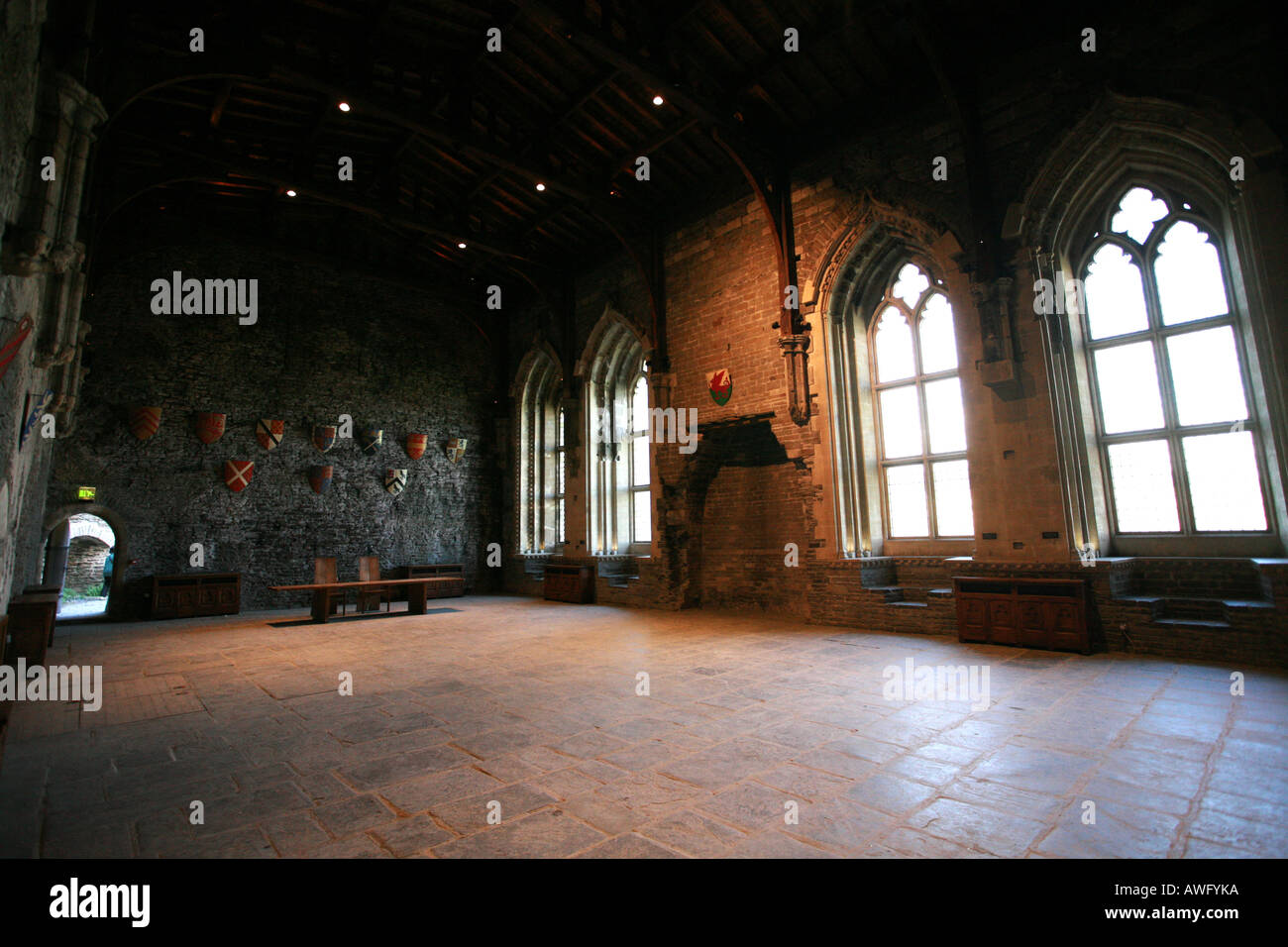 Internal view of the ancient medieval Great Hall at Caerphilly Castle ...