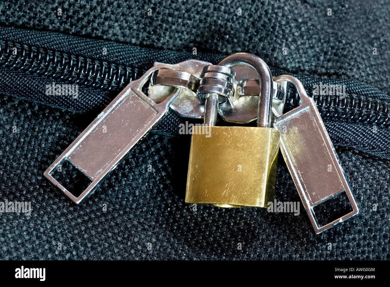 A padlock locking the zips of a travel bag together Stock Photo - Alamy