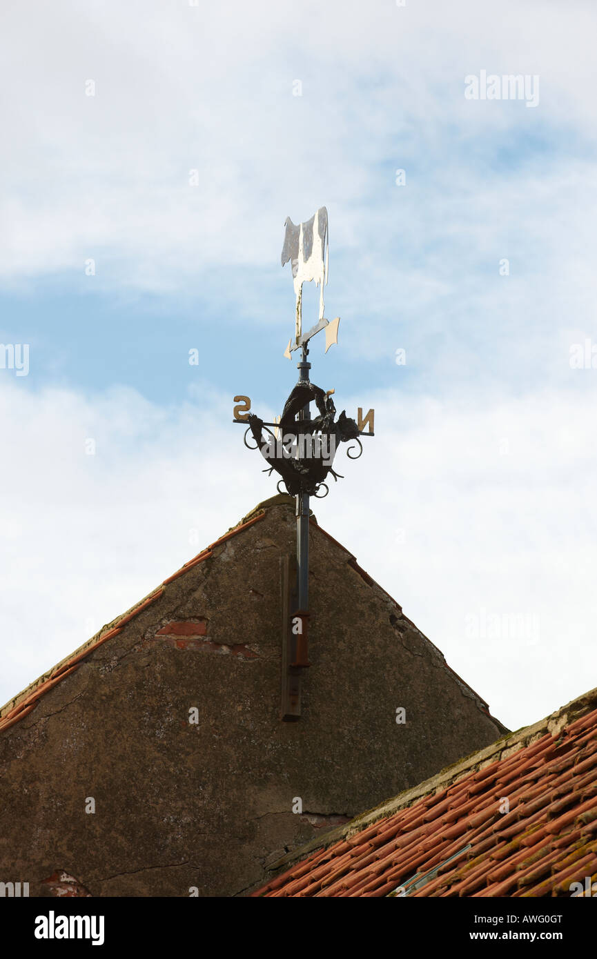 Weather Vain in the shape of a cow with a black plastic bag around the ...