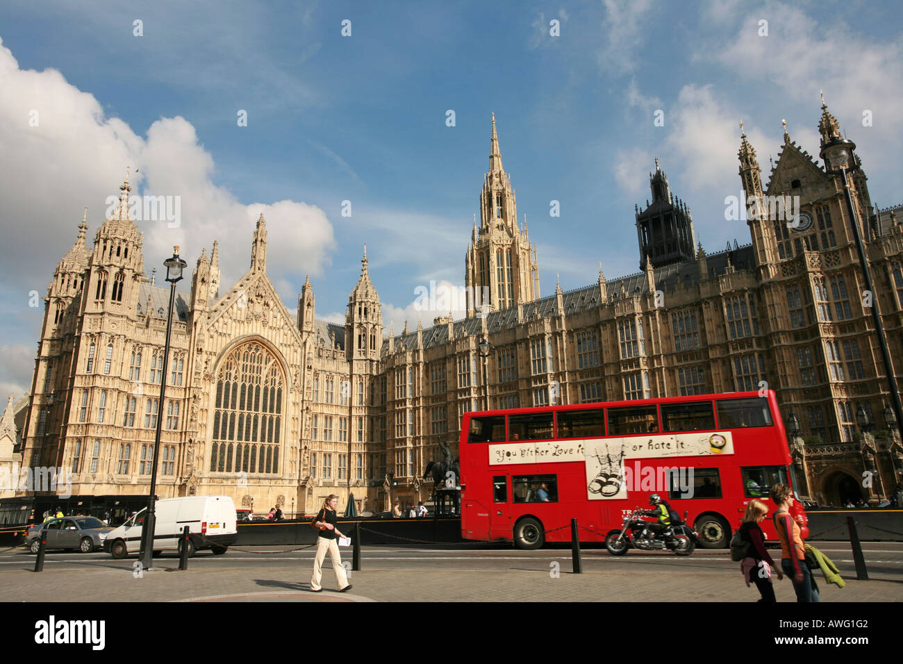 Typical iconic red London double decker bus passes the world famous ...