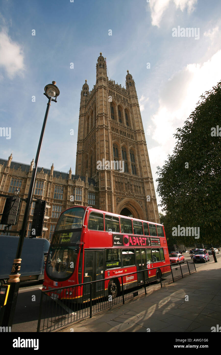 Typical iconic red London double decker bus passes the world famous ...