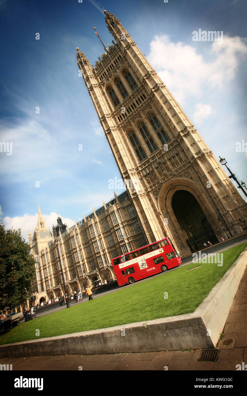 Typical iconic red London double decker bus passes the world famous ...