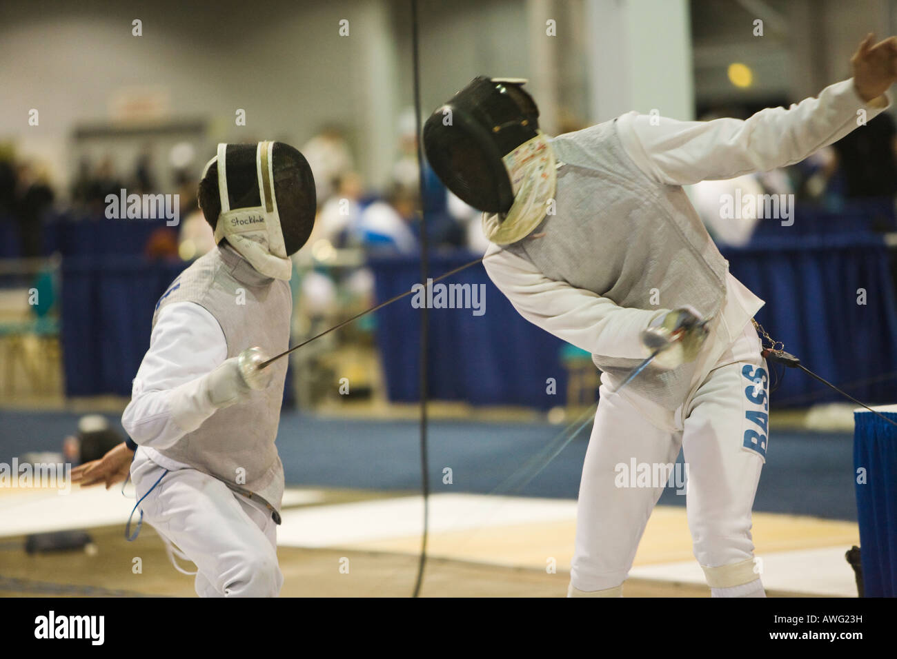 SPORTS Fencing competition bout male foil competitors on strip during ...