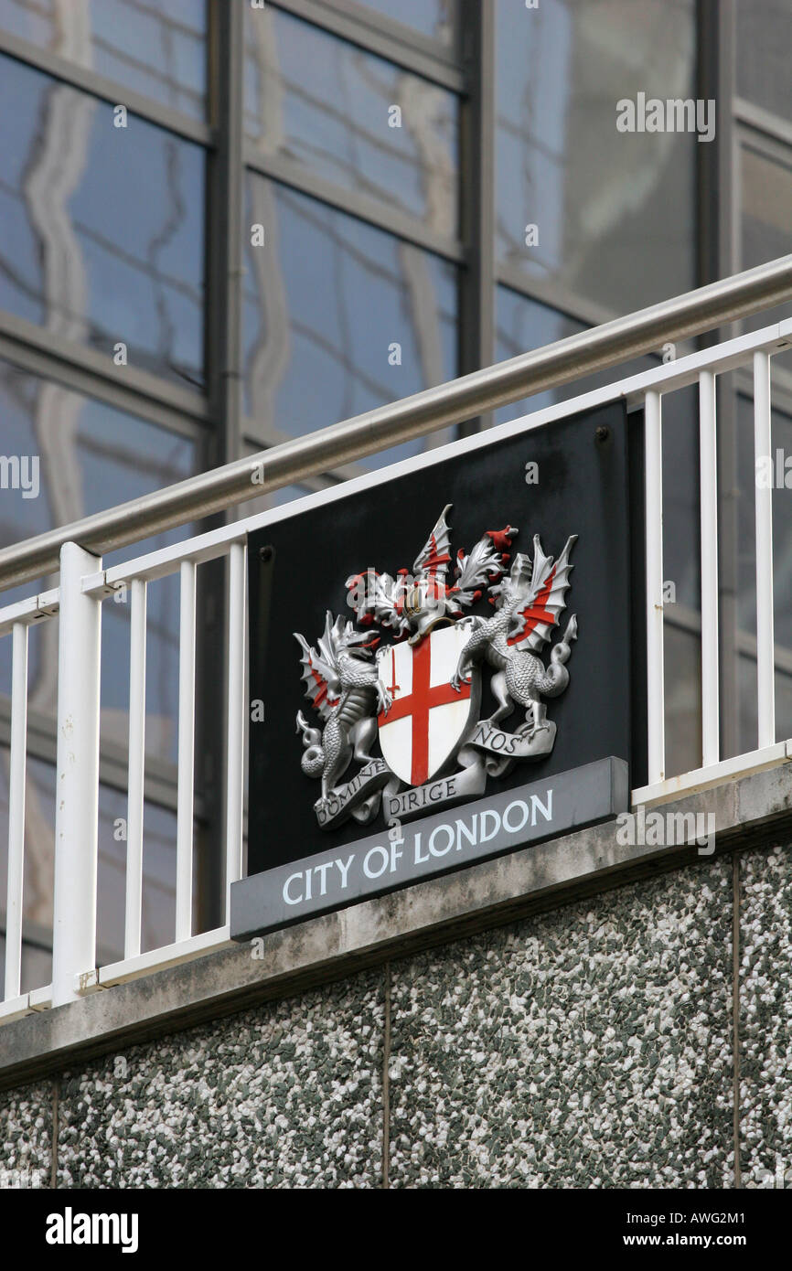 City of London crest with St Georges cross flag shows the entrance to ...