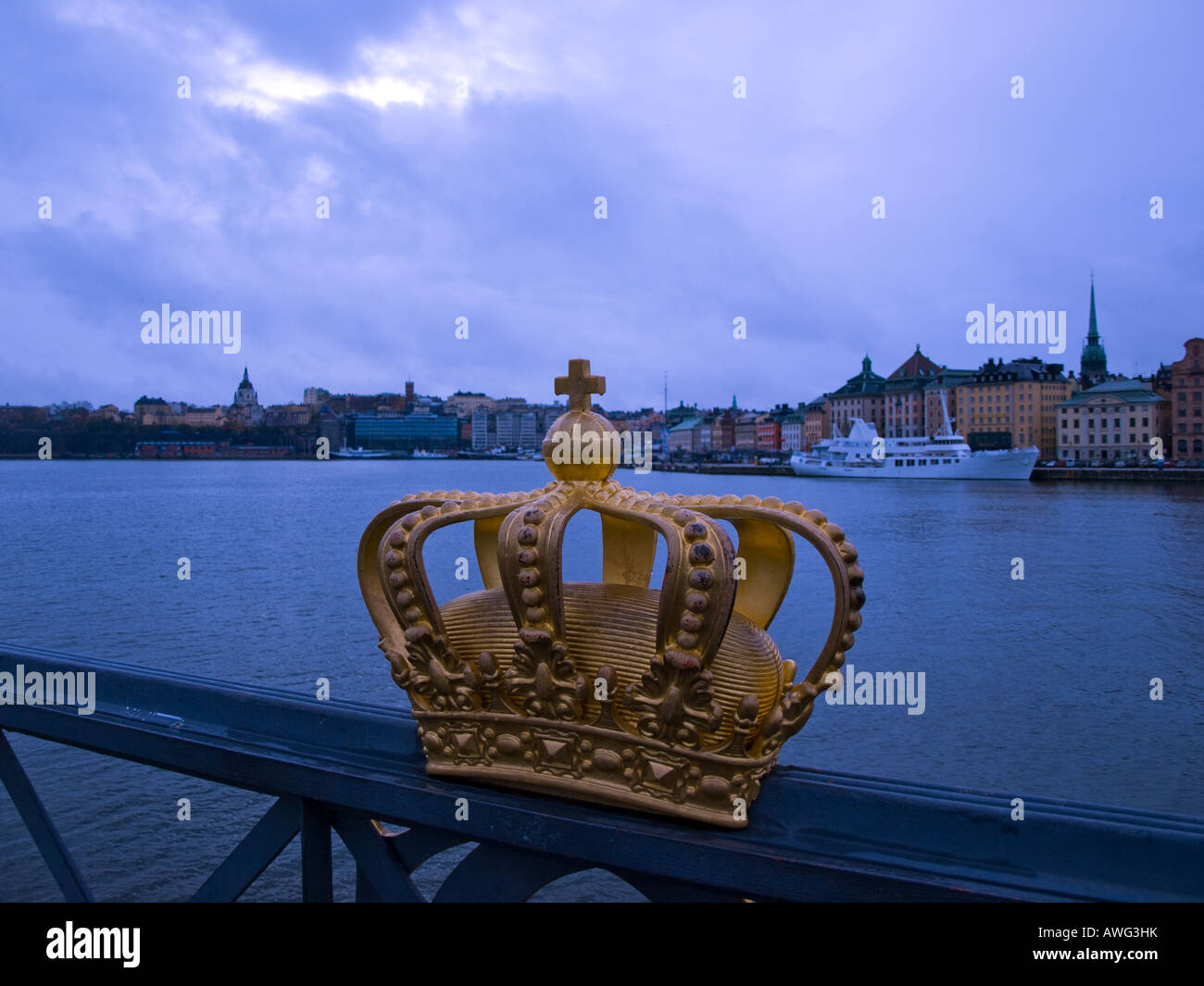 A gilded tre kronor crown, national emblem of Sweden, on ...