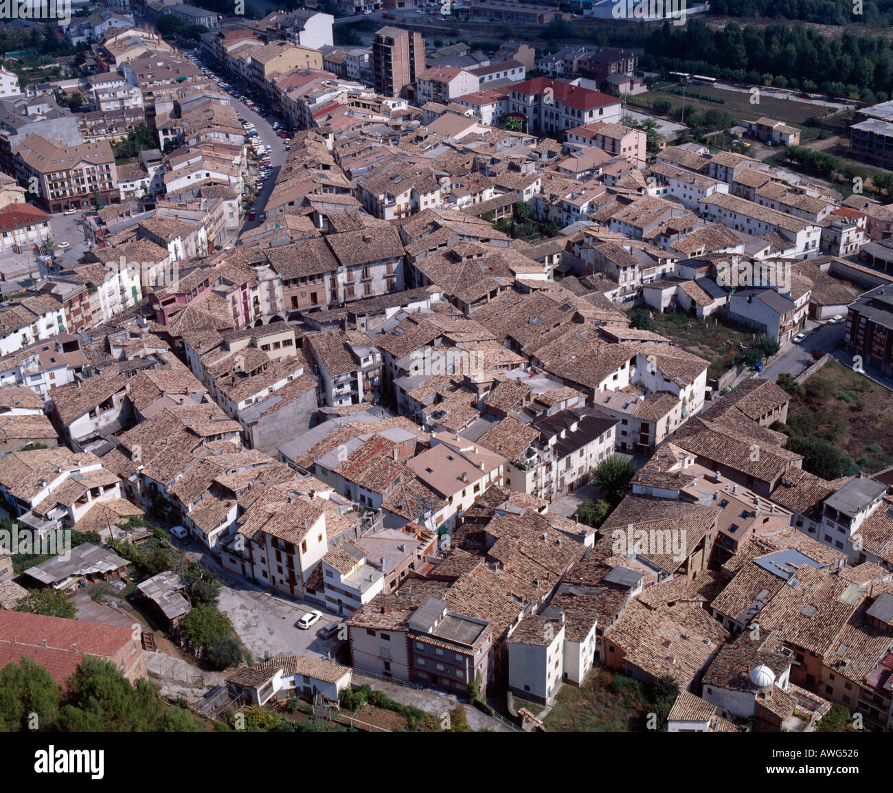View over town of Graus Aragon Spain Somontano Stock Photo - Alamy