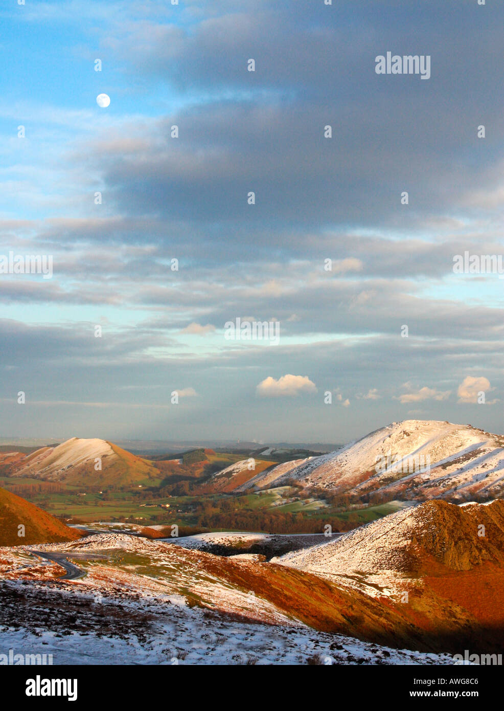 Shropshire Church Stretton Hills from the Long Mynd in winter snow with ...