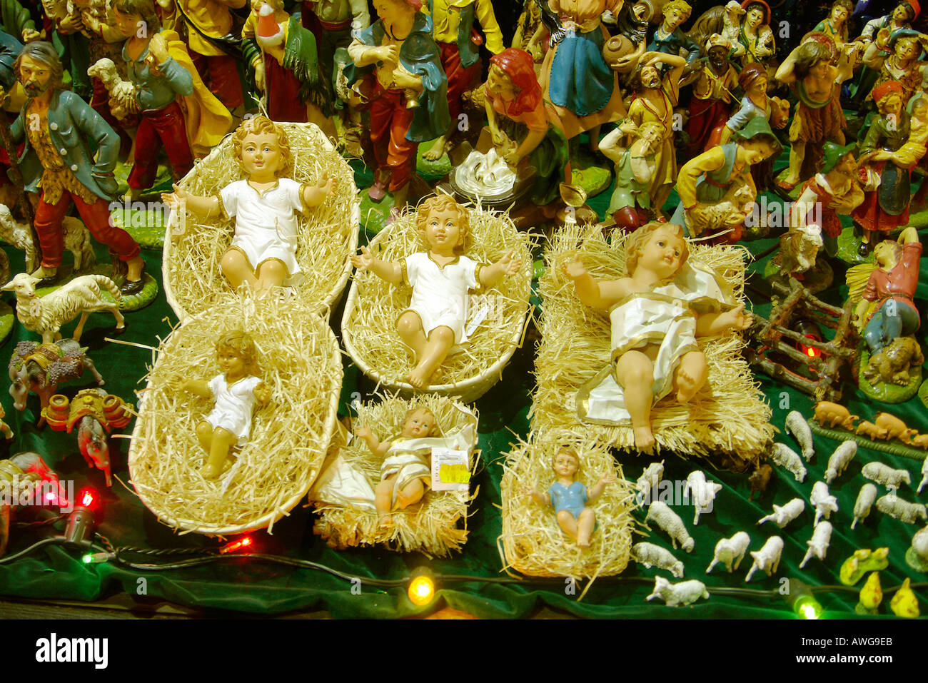 A shop window boasts a selection of Christmas nativity characters ...