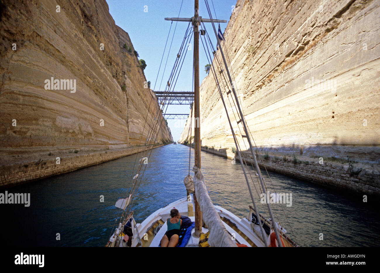 greece peloponnese a small boat going through the corinth canal Stock ...