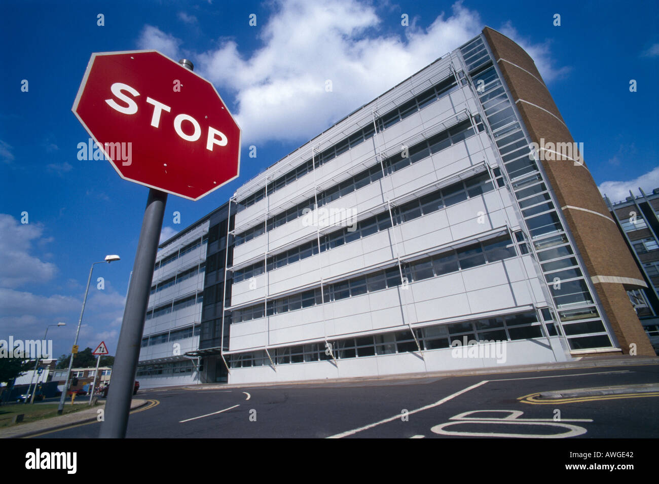 Wellcome MRC science lab in cambridge with stop sign Stock Photo - Alamy
