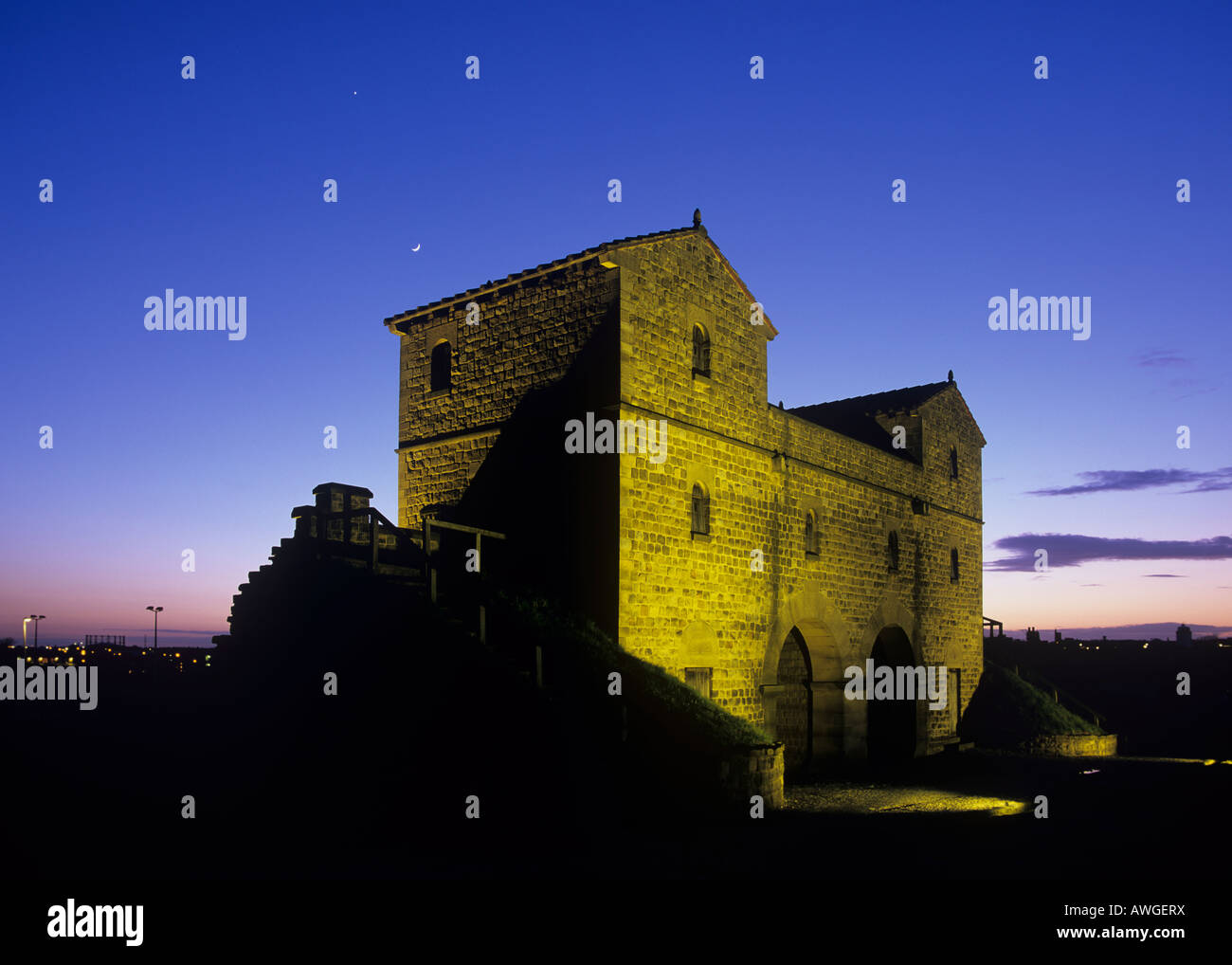 Arbeia Roman Fort in South Shields, Tyne and Wear at night with the ...