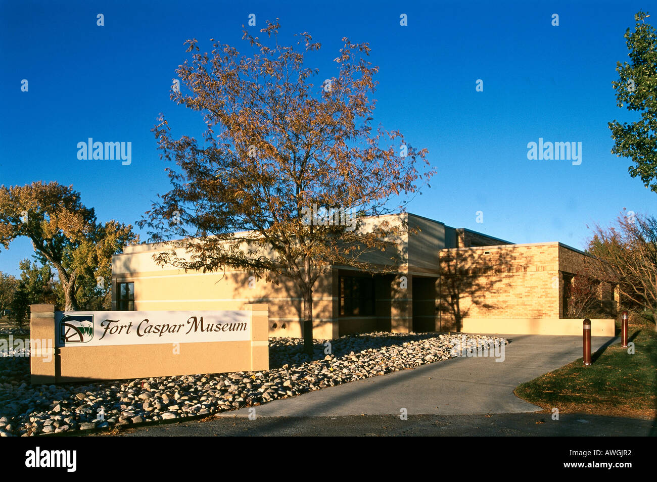 USA, Wyoming, Casper, Fort Caspar Museum, sign at entrance to ...