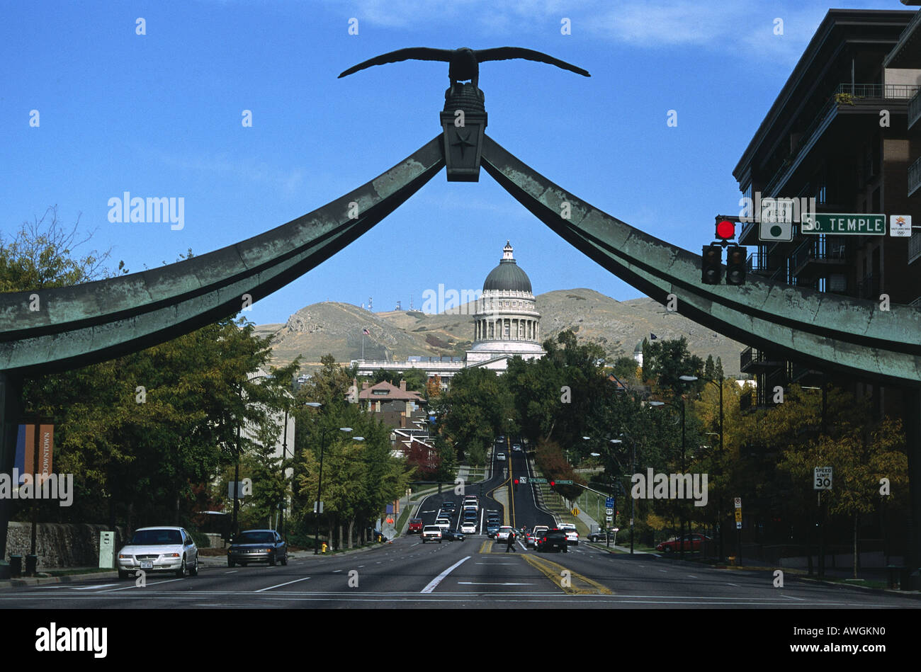 Eagle gate looking toward utah state capitol hi-res stock photography ...