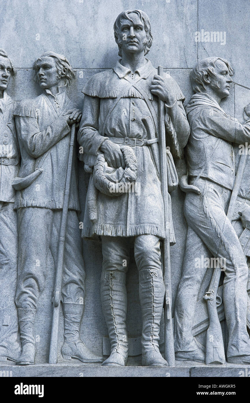 USA, Texas, San Antonio, The Alamo, figures carved on memorial ...