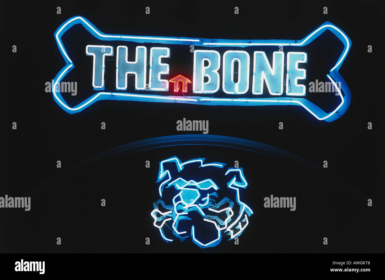 USA, Texas, Dallas, The Bone, neon sign above Deep Ellum nightclub ...