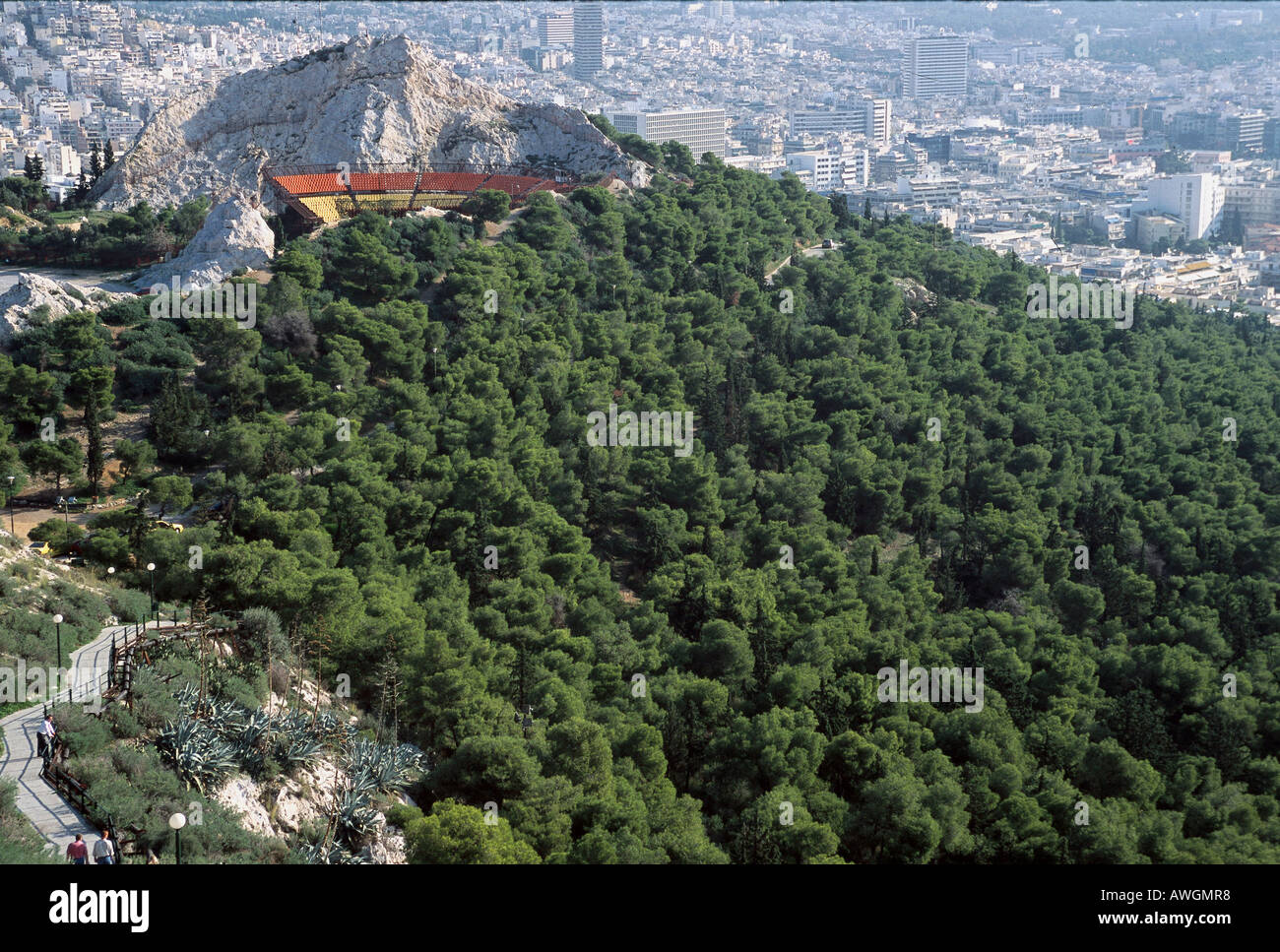 Greece, Athens, Strefi Hill and open-air theater, from pine-clad ...