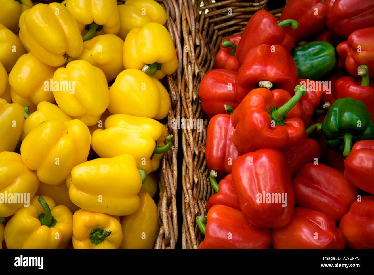 Red, yellow and green peppers for sale at Borough Market, London Stock ...