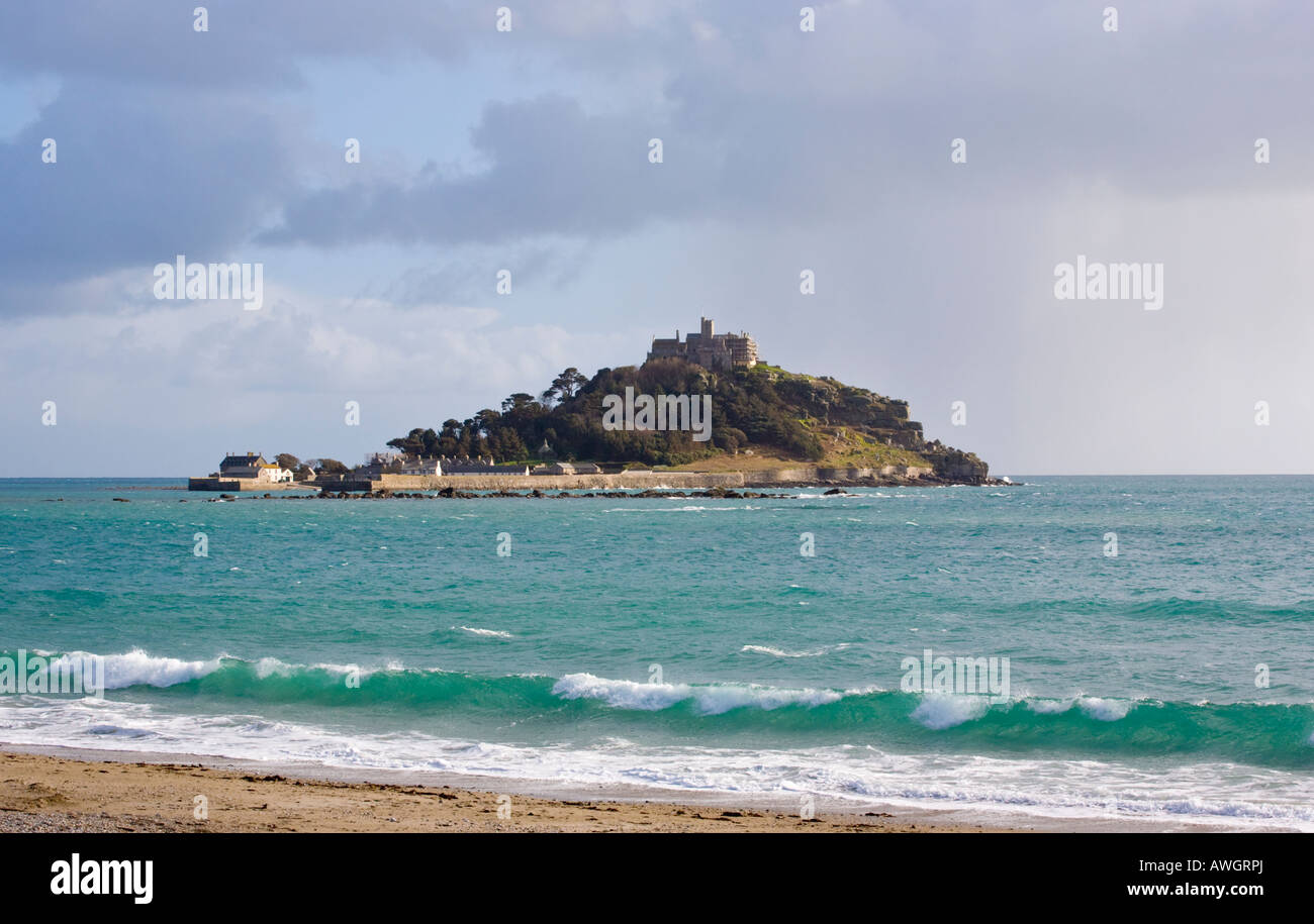 On the beach at Marazion Cornwall UK with St Michaels Mount in the ...